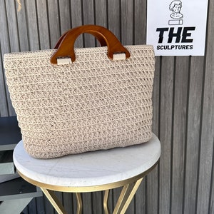 Beige Color Hand-knitted Crochet Handbag, Purse Polyester Macrame Bag ...