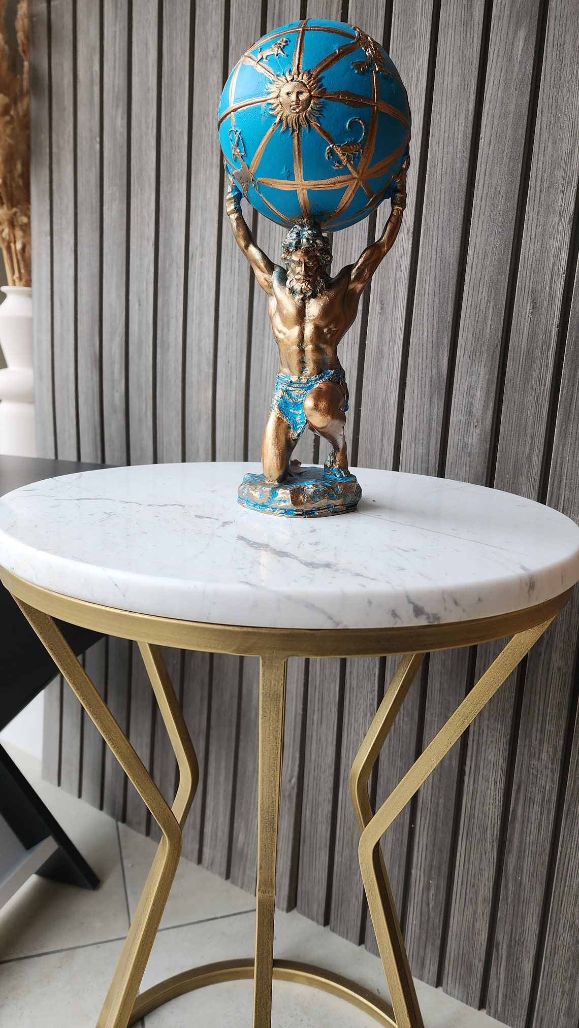 Statue of Man Carrying Decorative Celestial Globe, 12.20 Inches, Greek ...