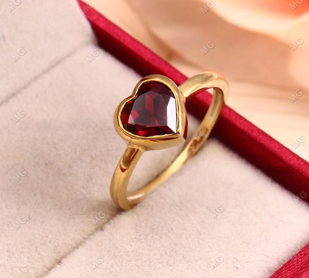 Natural Garnet Solitaire Wedding Ring Heart Shaped Red Gemstone January ...