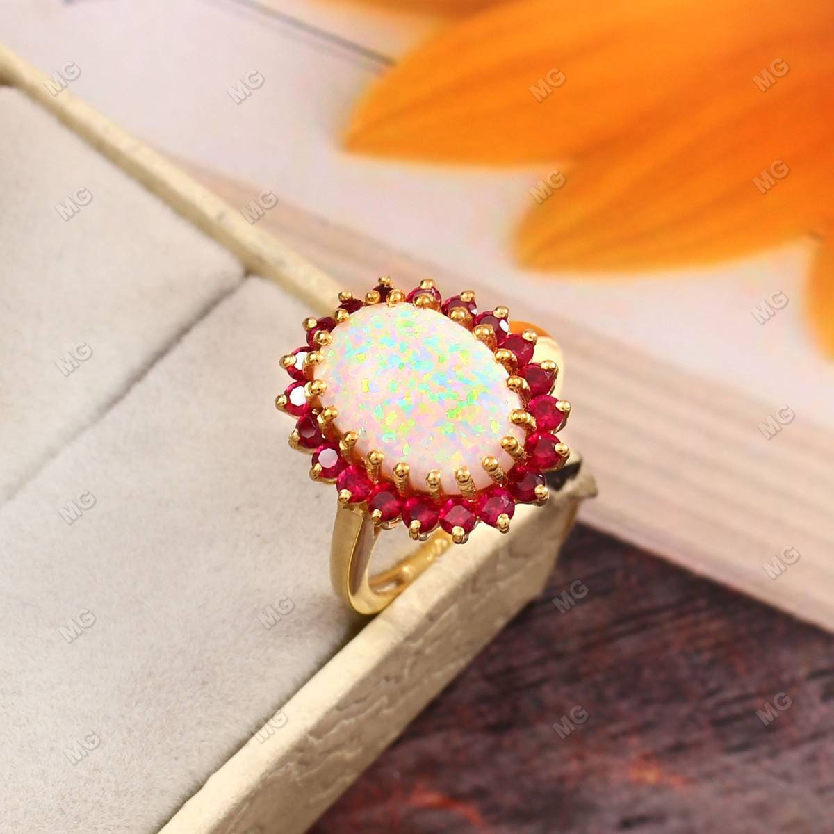 Vintage Fire Opal Engagement Ring Natural Garnet Ring 18k Gold - Etsy