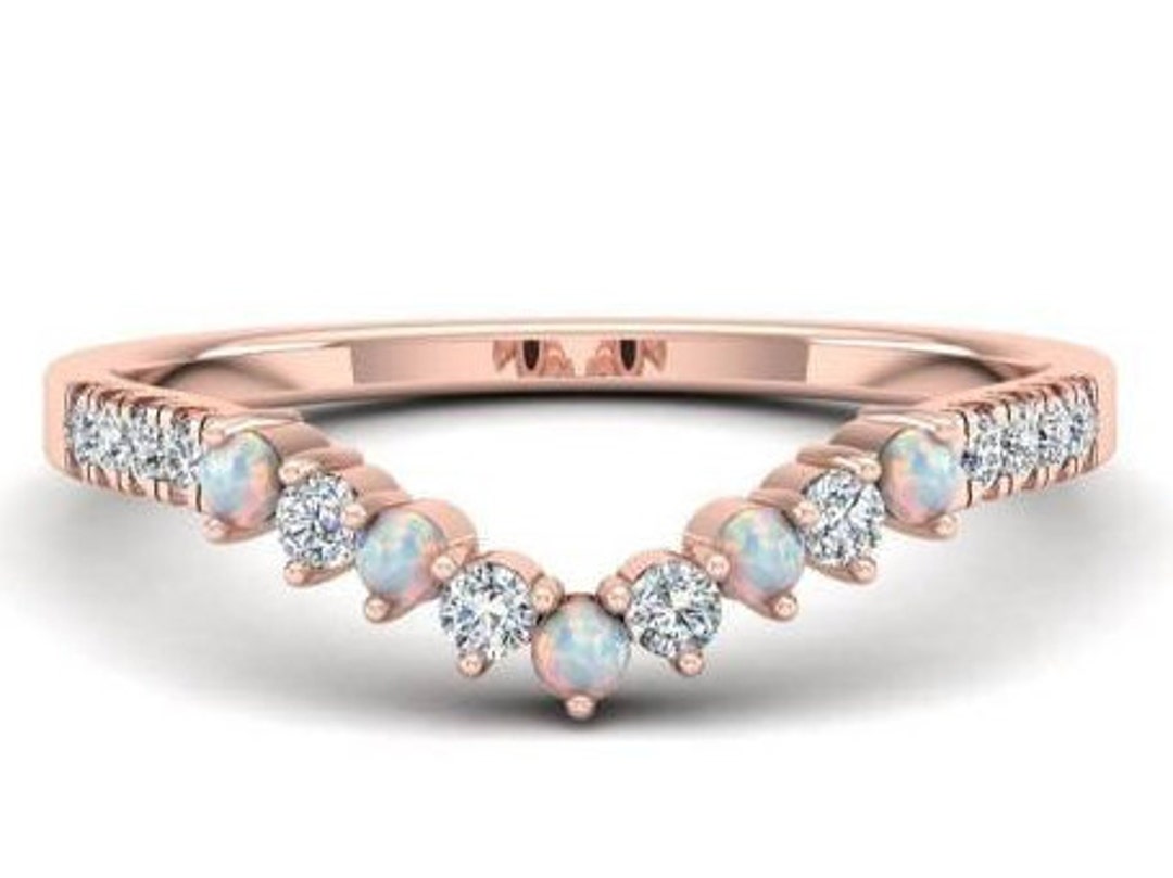 Opal Wedding Band Curved Opal Diamond Wedding Band Custom Made Rose Gold Opal Matching Band 925 ...