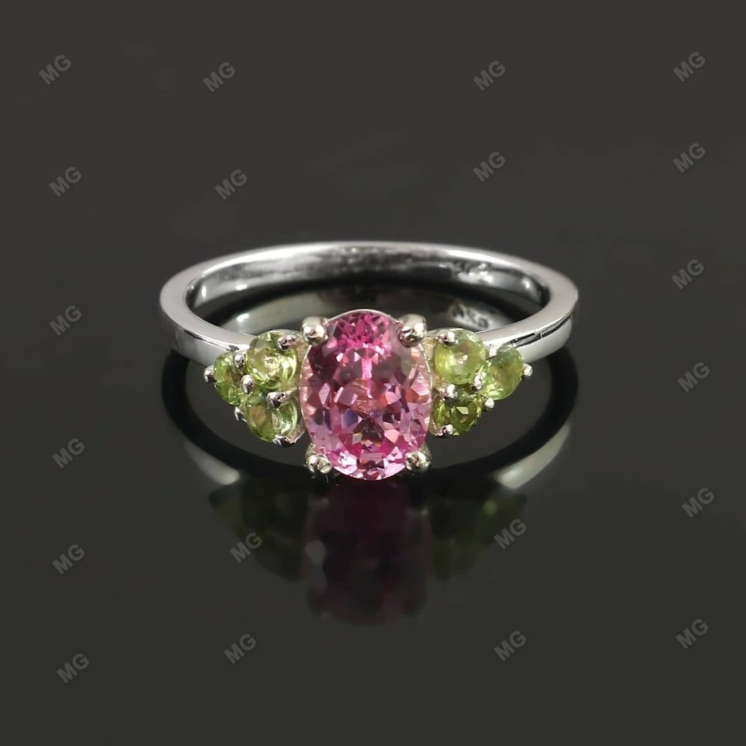 Vintage Pink Tourmaline Engagement Ring Peridot Cluster Sterling Silver ...
