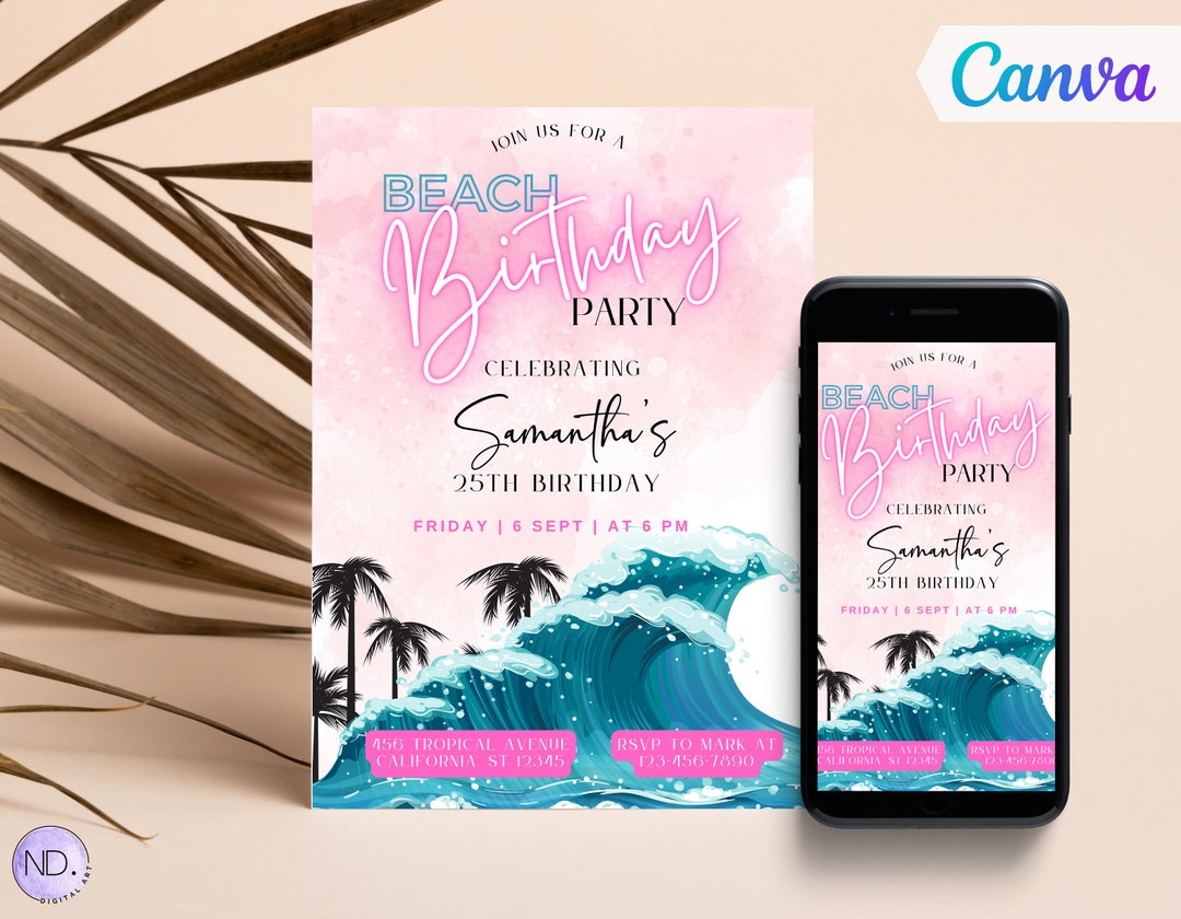 Editable Beach Birthday Party Invitation, Canva Template (digital ...