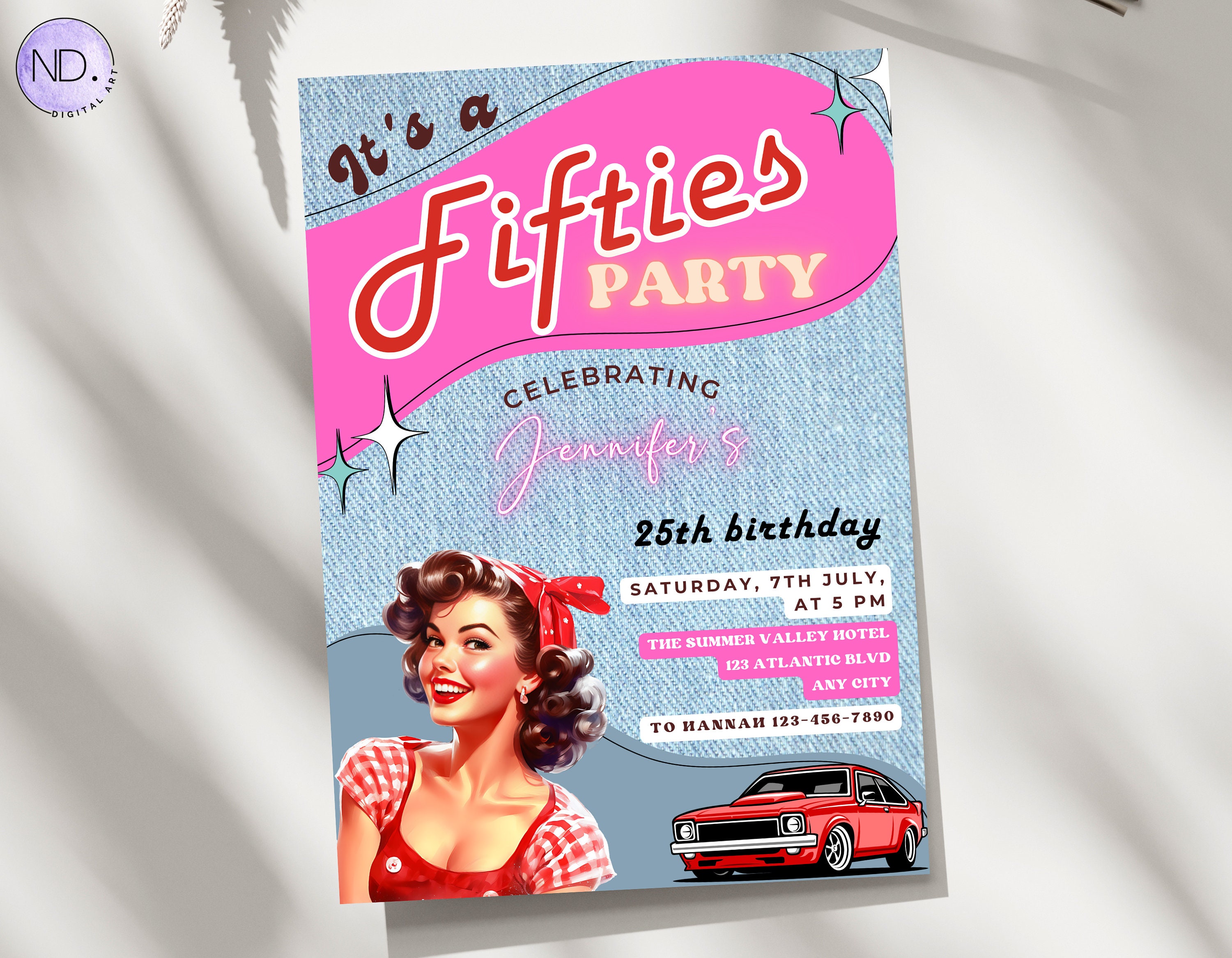 Editable Fifties Birthday Party Invitation, Pin up Style Party Invite, 50s Themed Party ...