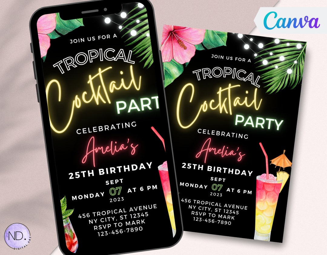 Cocktail Party Invitation Template, Editable Tropical Birthday Card ...