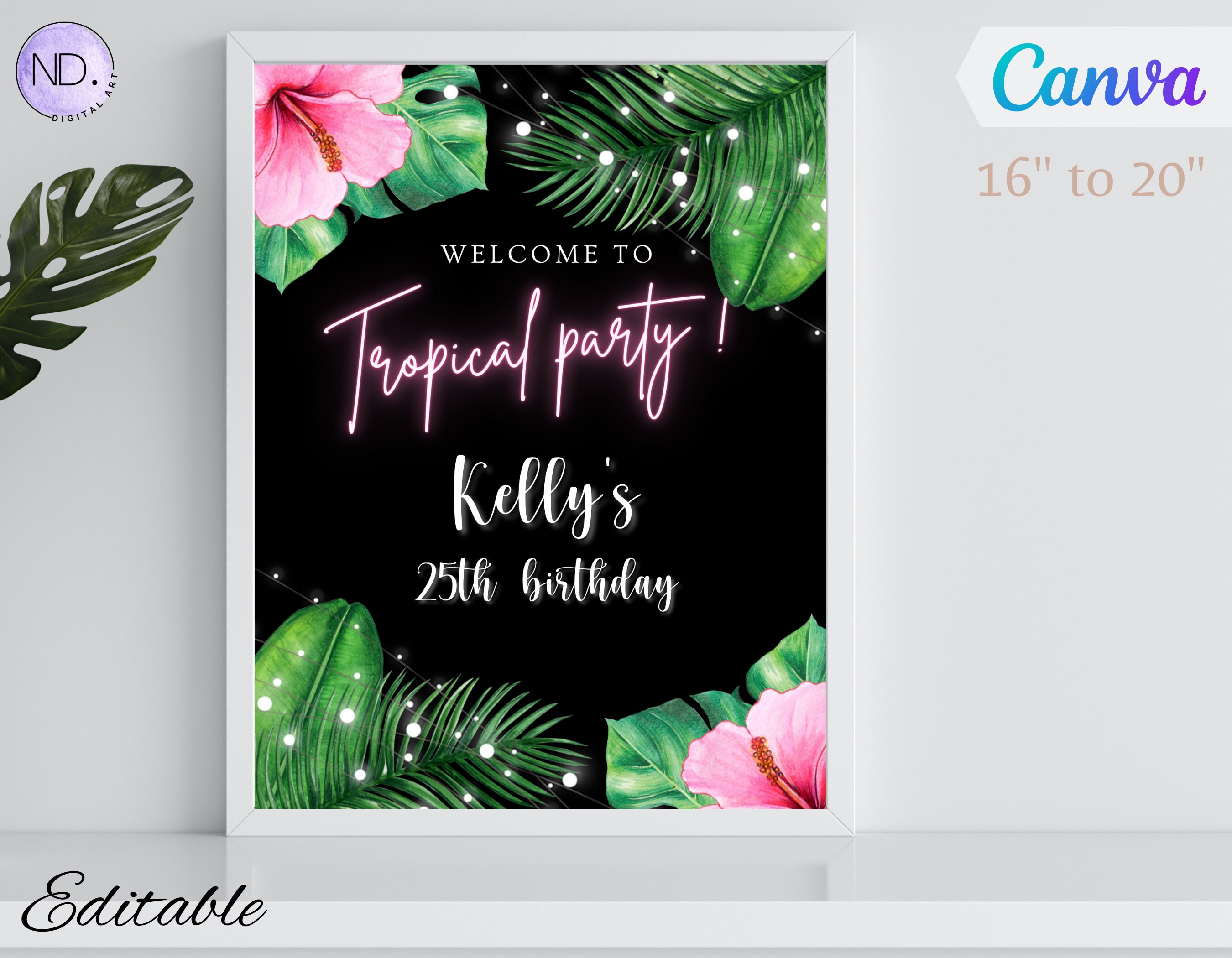 Neon Tropical Birthday Party Banner Editable Dark Tropical Party Text ...