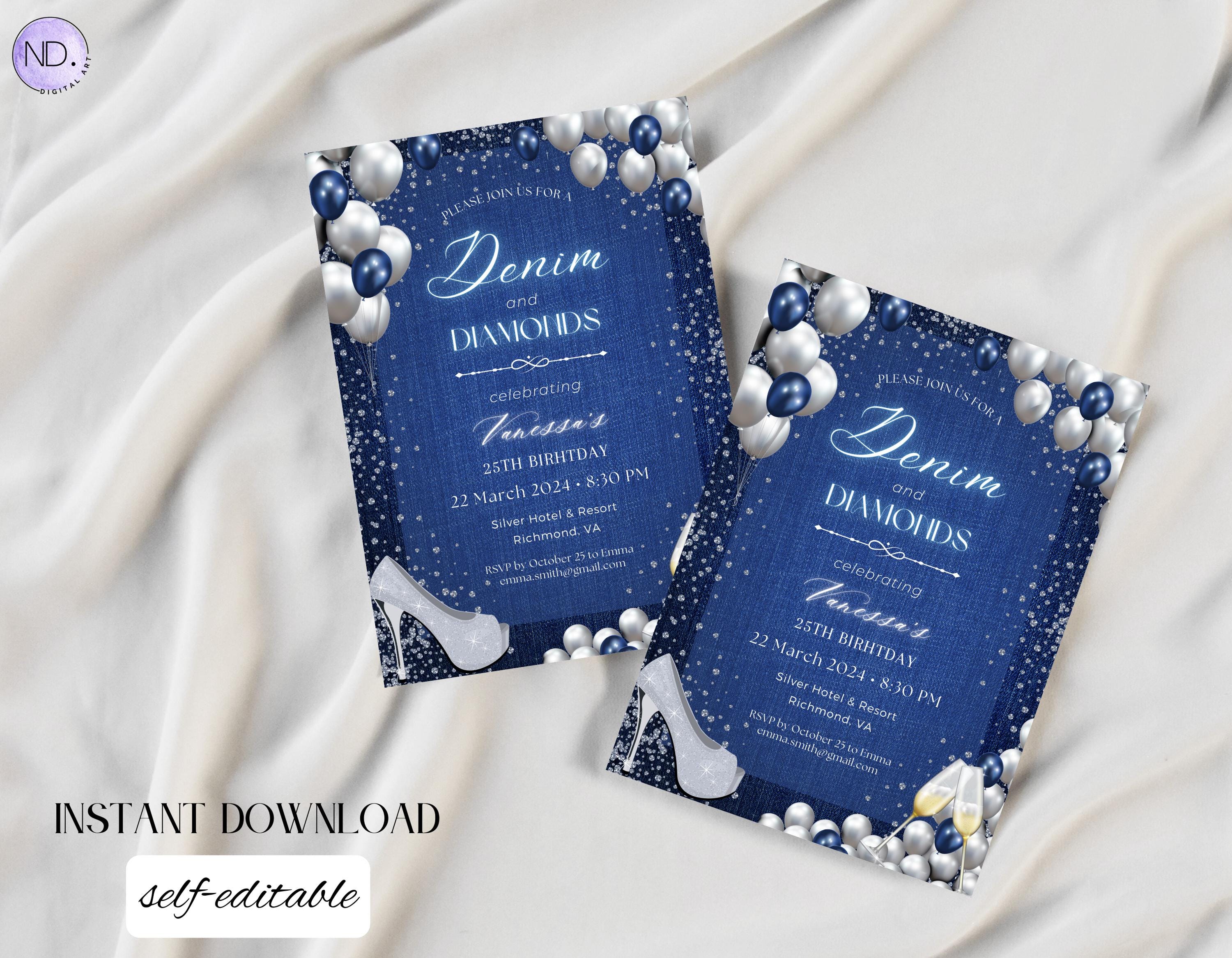 Editable Denim and Diamonds Invitation, Champagne and Diamonds Birthday ...