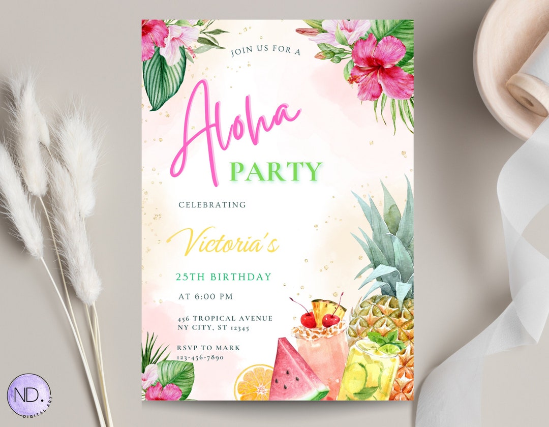Aloha Birthday Invitation Template Tropical Party Invite Hawaii Party ...