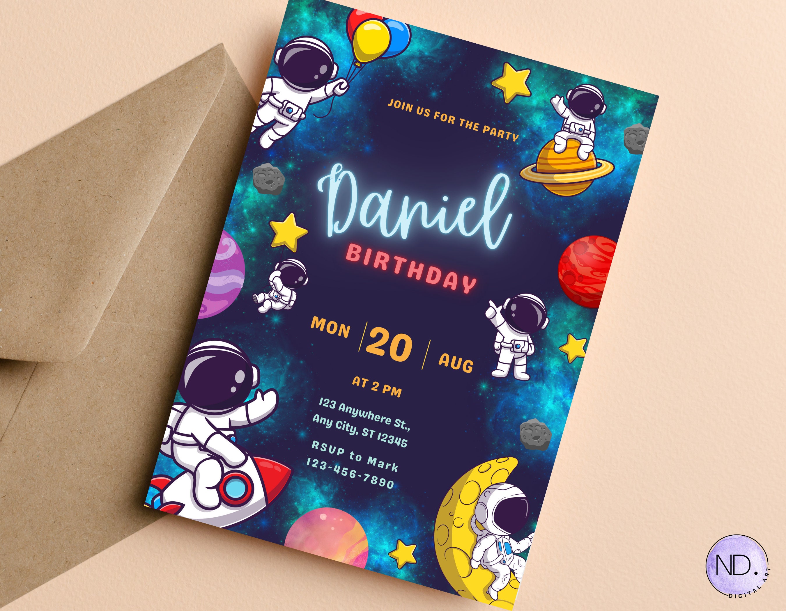 Outer Space Birthday Invitation Template Astronaut Invite Galaxy ...