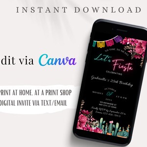 Editable Fiesta Birthday Invitation, Black and Pink Floral, Canva ...