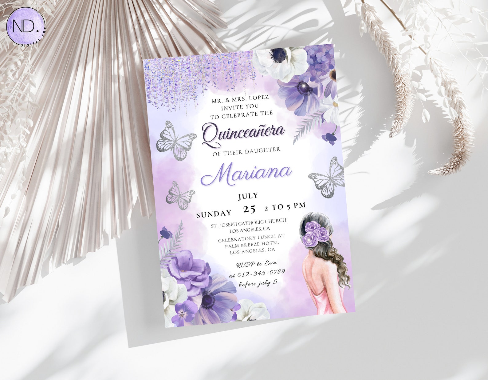 Lilac Quinceañera Invitation Template, Watercolor Roses (editable ...