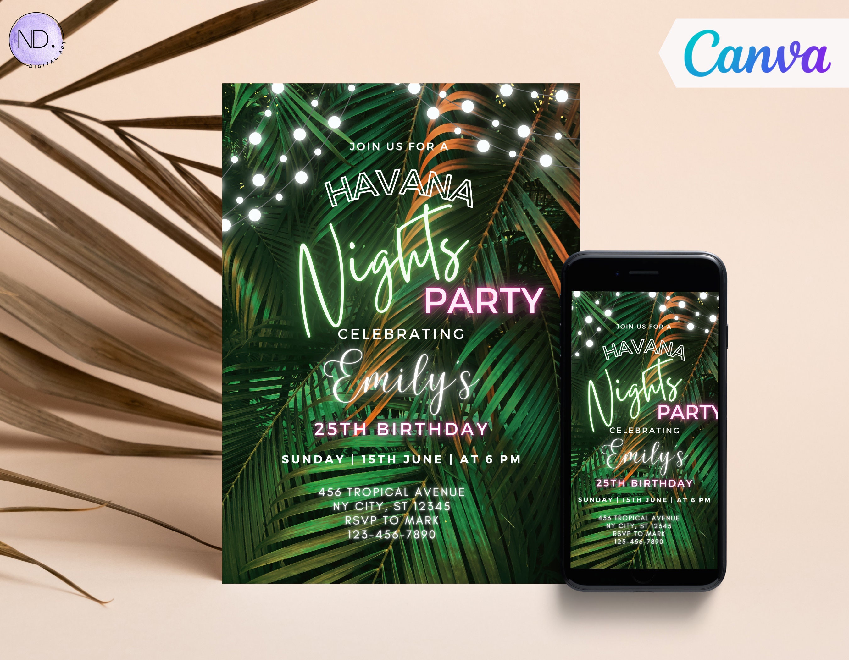 Editable Green Havana Nights Invitation Neon Havana Party Invitation ...