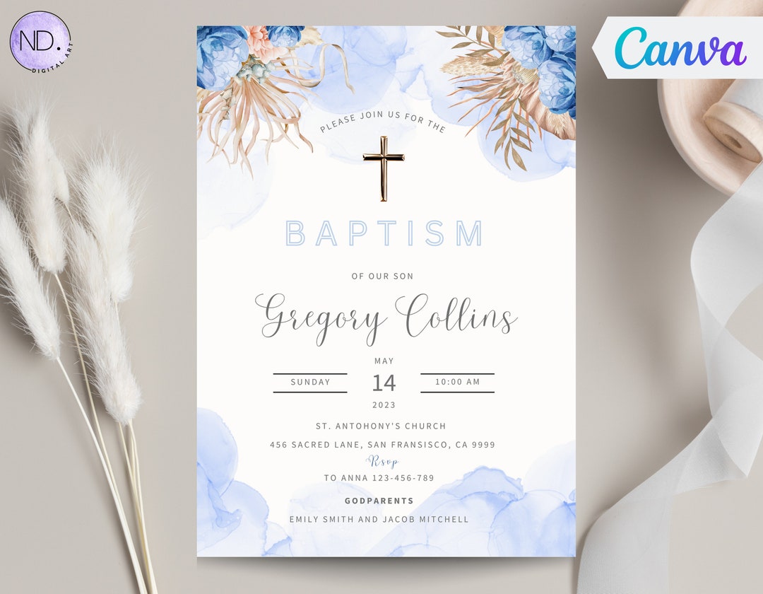 Editable Boho Baptism Invitation, Digital Christening Invite, Boy ...
