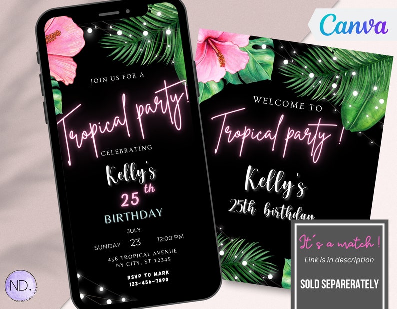 Neon Tropical Birthday Party Banner Editable Dark Tropical Party Text ...