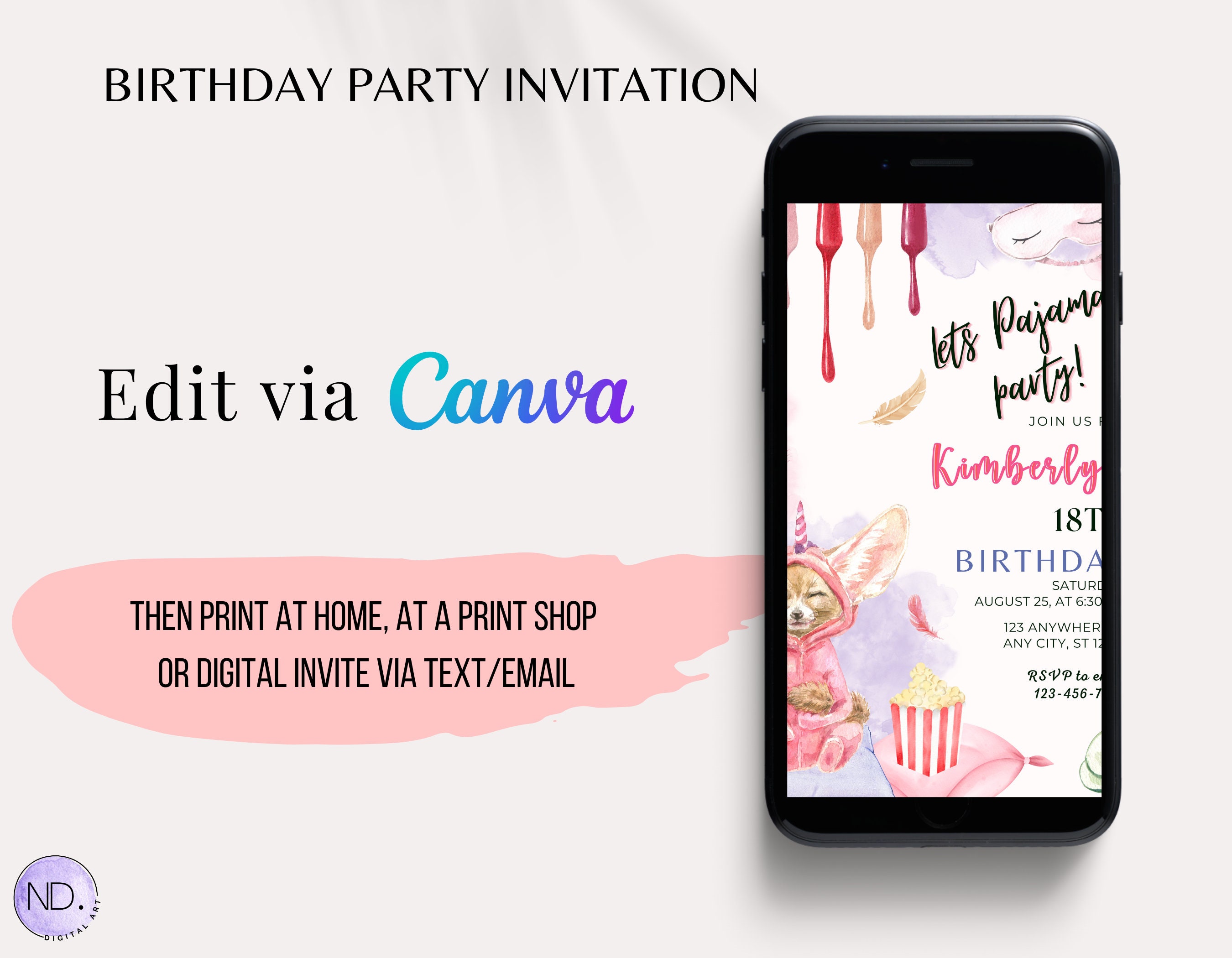 Editable Pajamas Party Birthday Invitation Sleepover Party Invitation