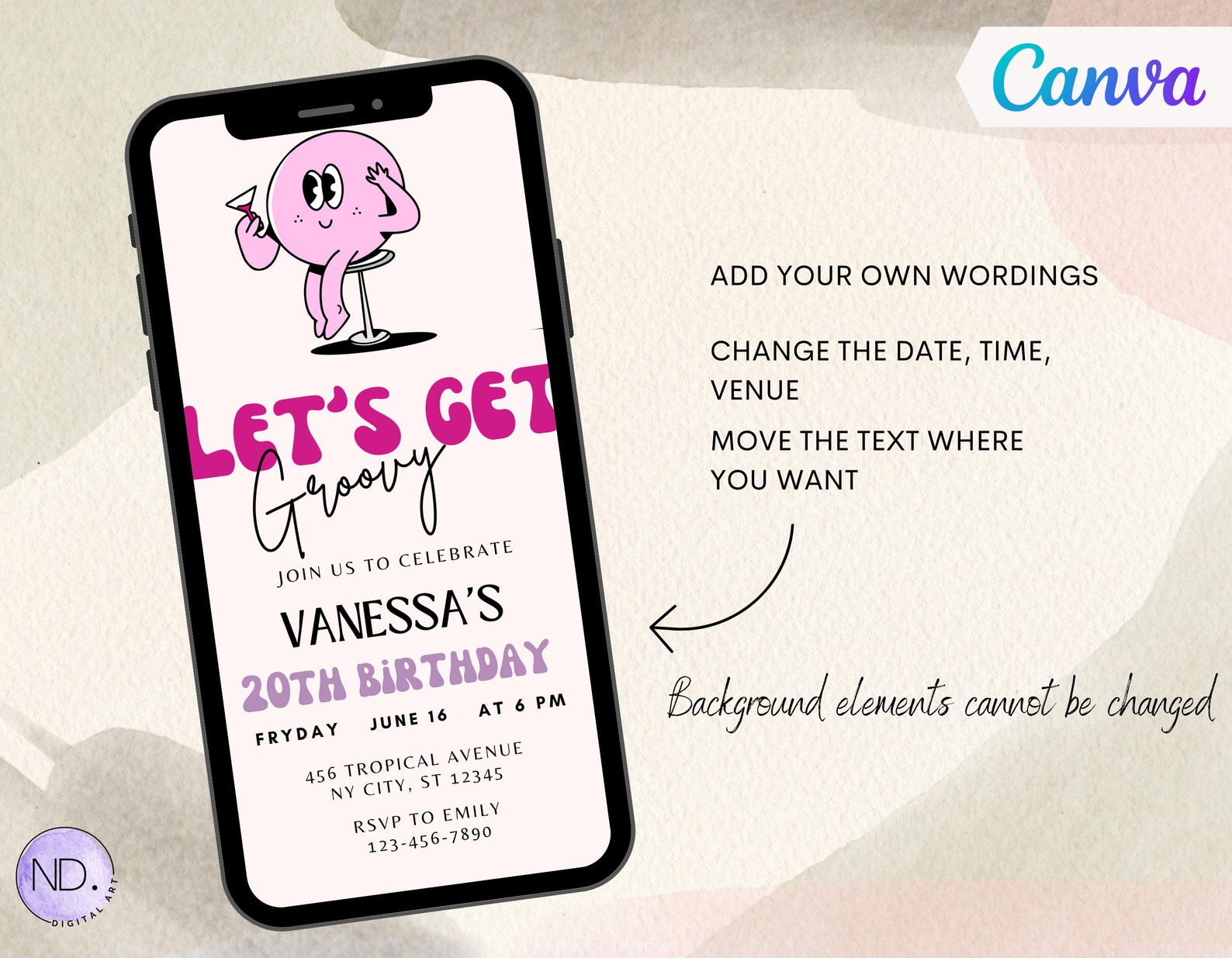 Editable Let's Get Groovy Invitation, Retro Birthday Party Invitation ...