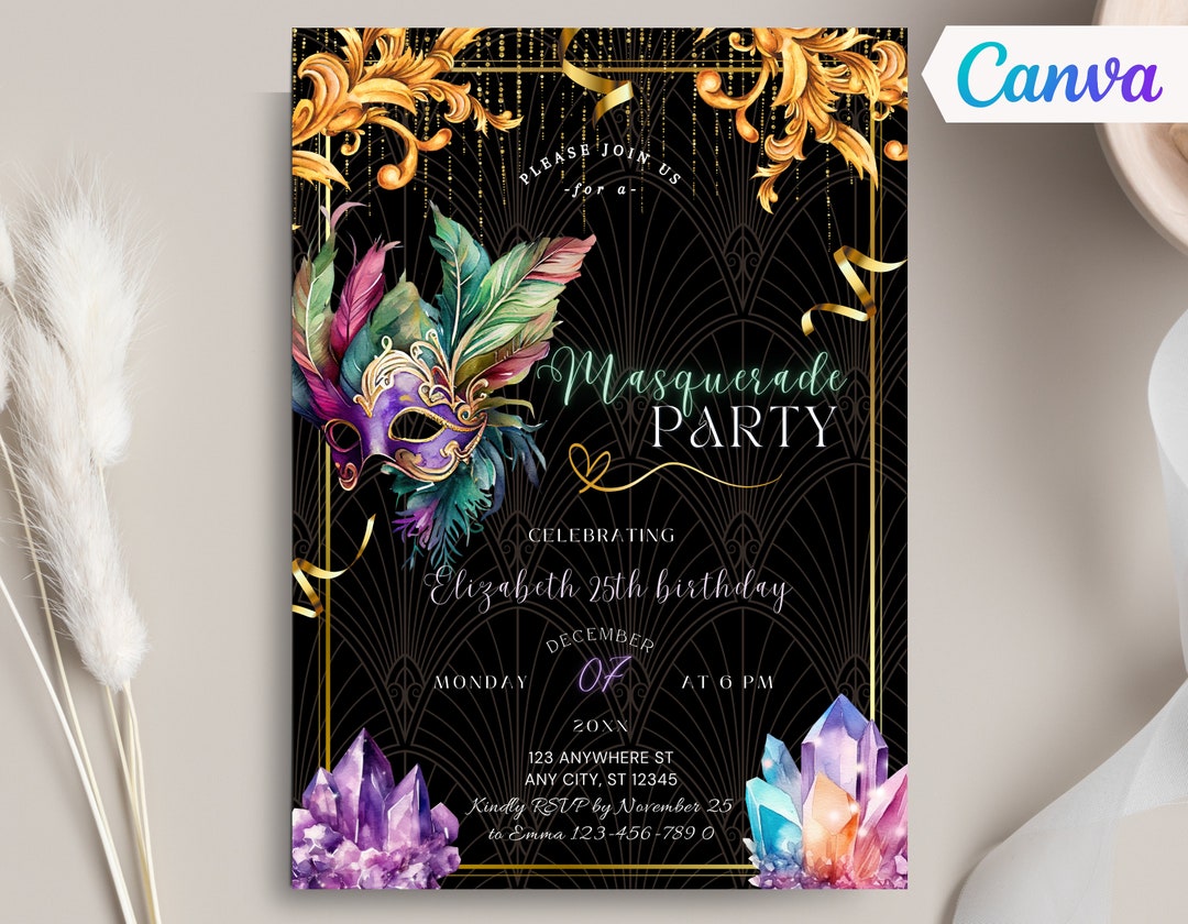 Editable Masquerade Party Invitation Template, Gold and Gems, Luxury ...