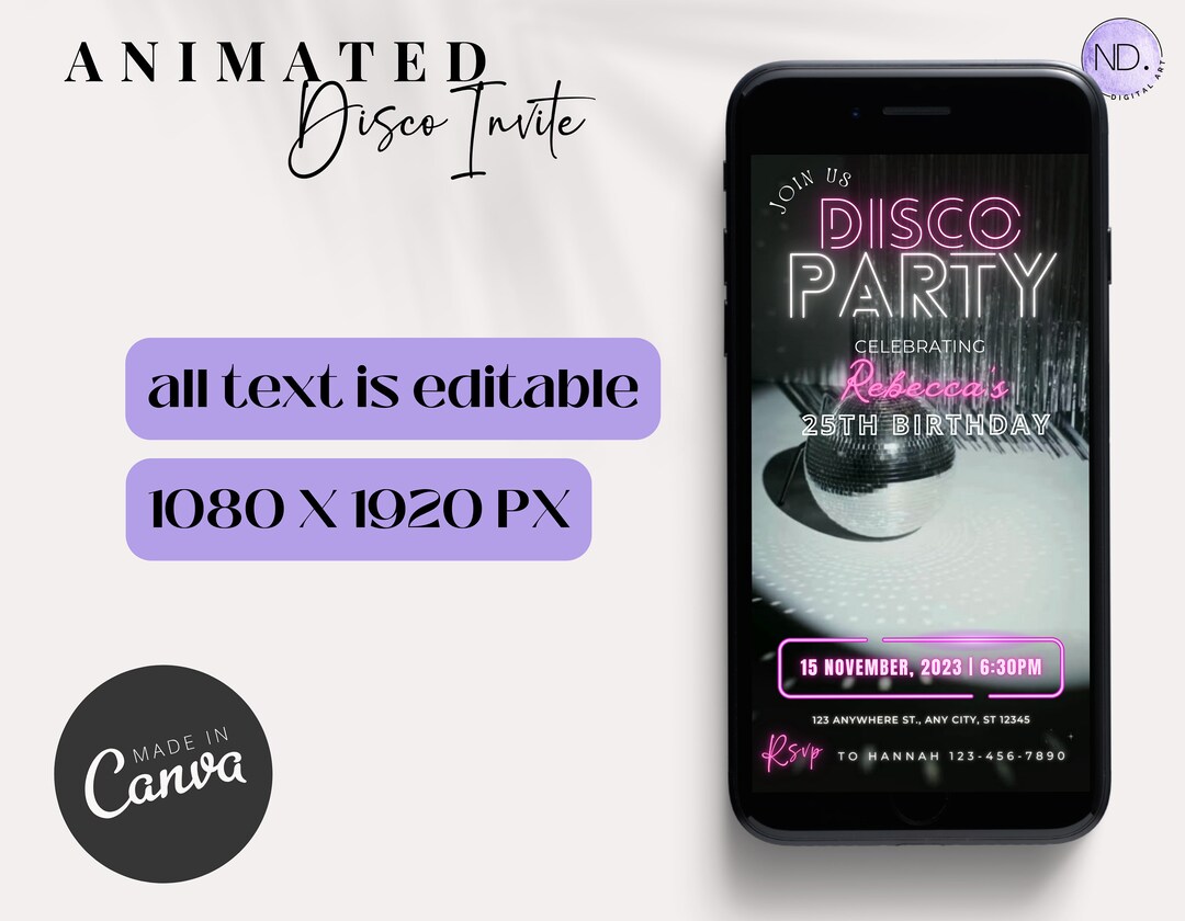 Editable Disco Party Birthday Invitation, Neon Disco Gender Neutral ...