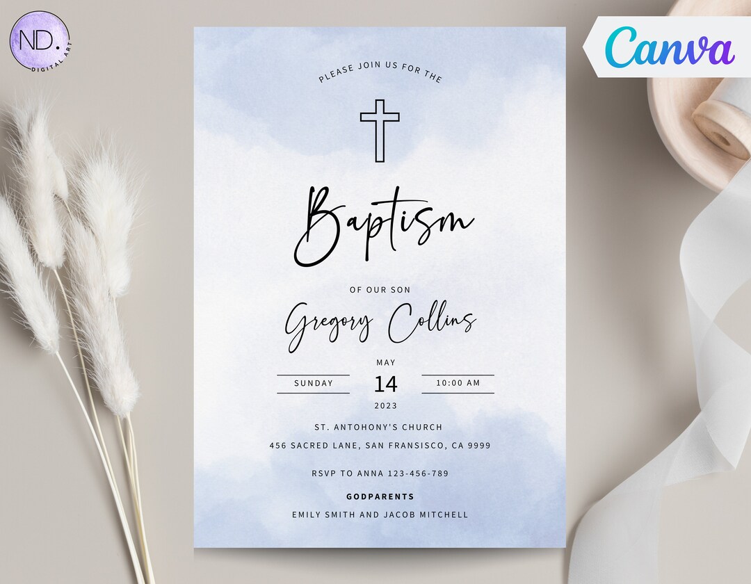 Invitación minimalista para bautizo, acuarela azul (plantilla para ...