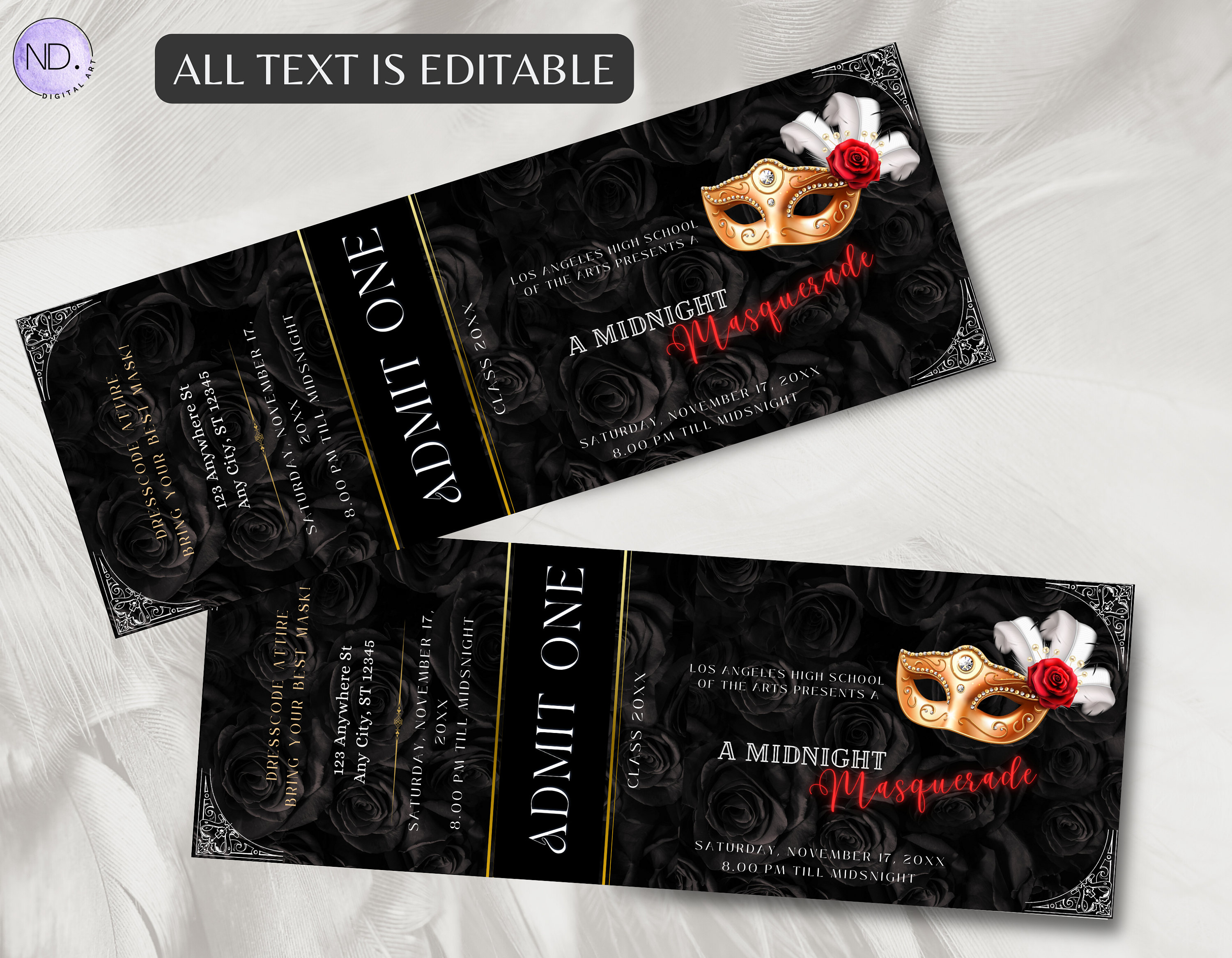 Editable Masquerade Ball Ticket Template, Red Rose Design (canva ...