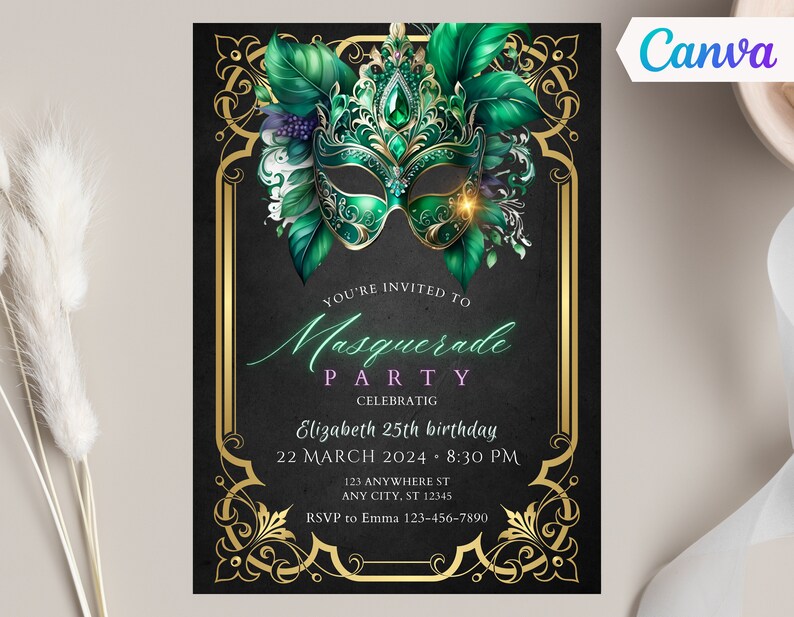 Editable Masquerade Birthday Invitation, Green Masquerade Ball Invite ...