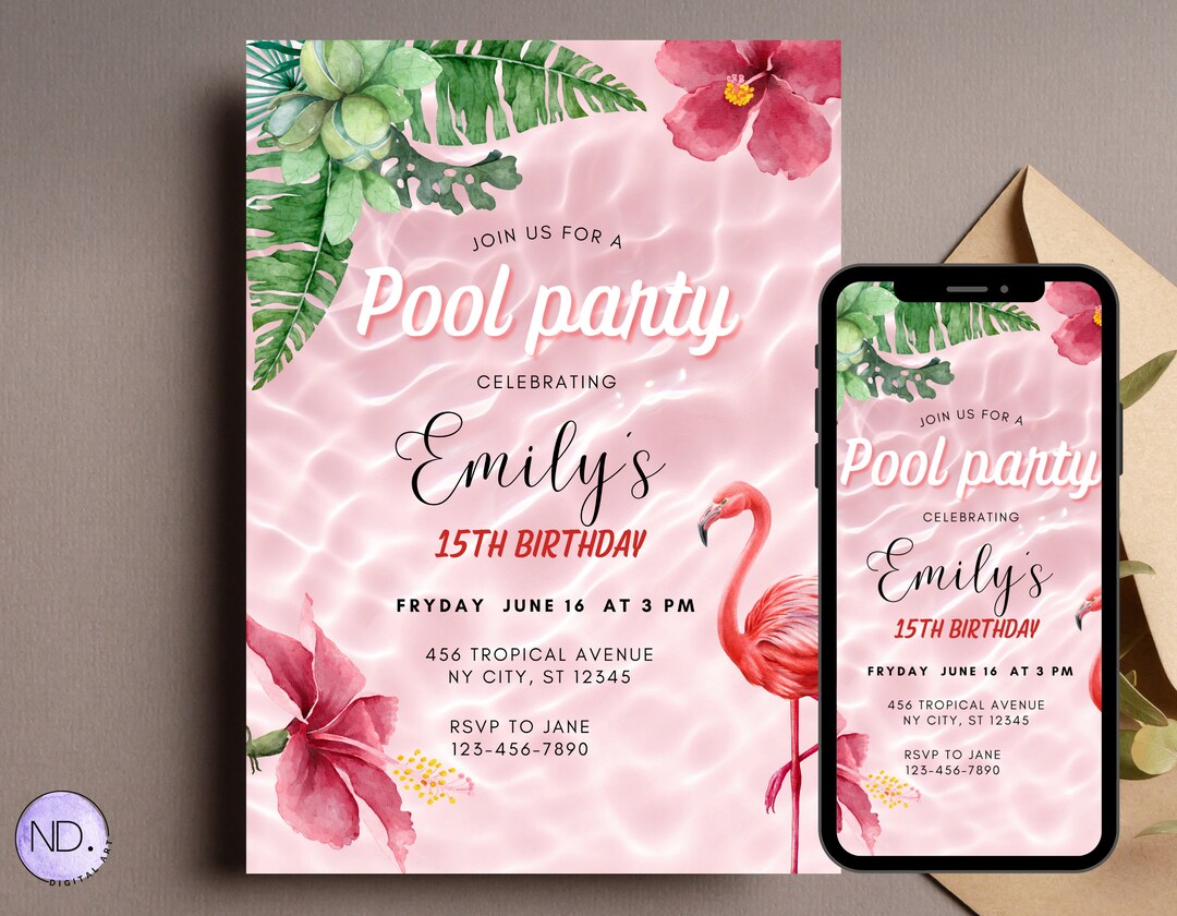 Pink Pool Party Invitation, Tropical Birthday, Editable Template ...