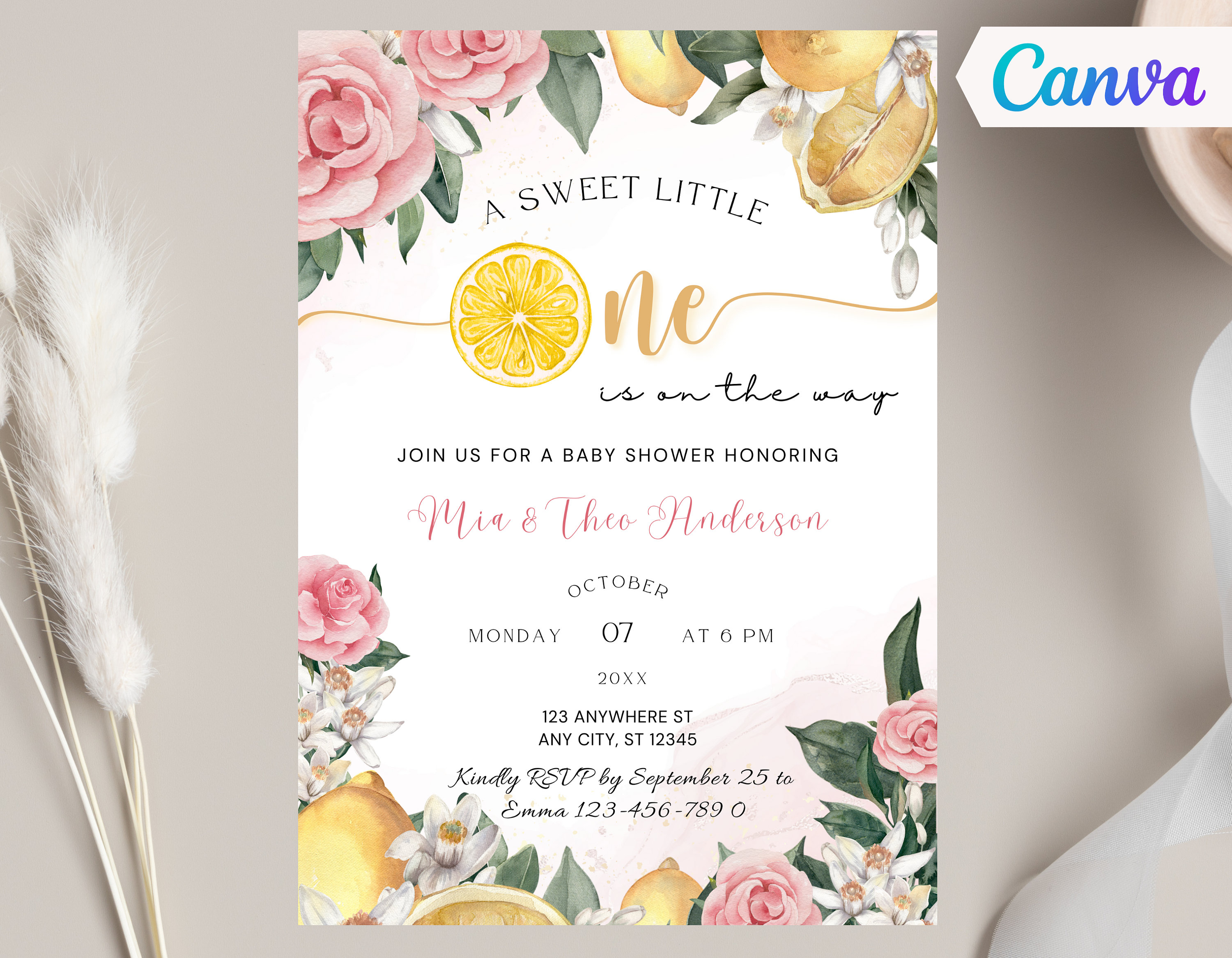 Editable Lemon Baby Shower Invitation Set, Blush Pink Floral Citrus ...