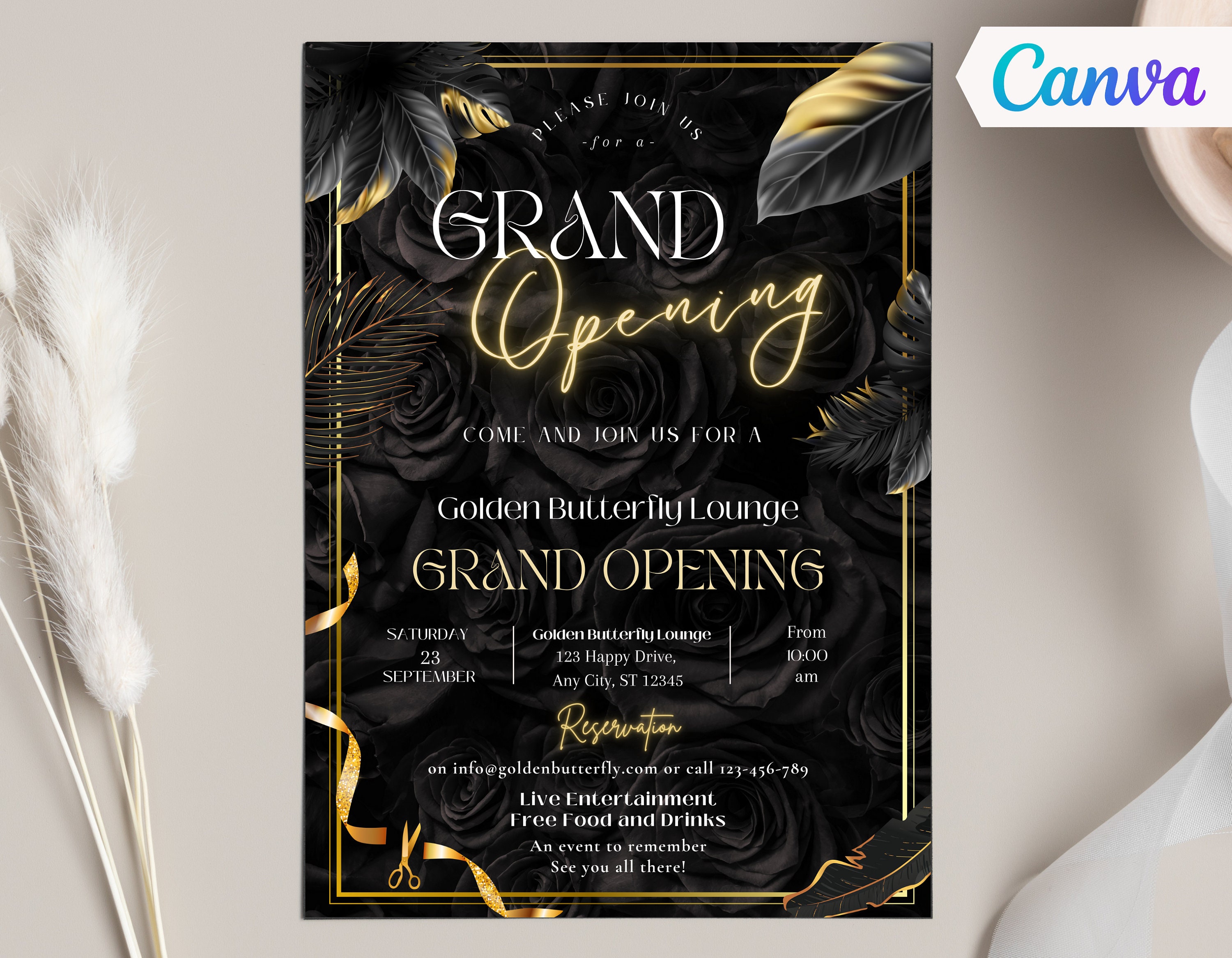 Black and Gold Grand Opening Invitation, Editable Business Invitation ...
