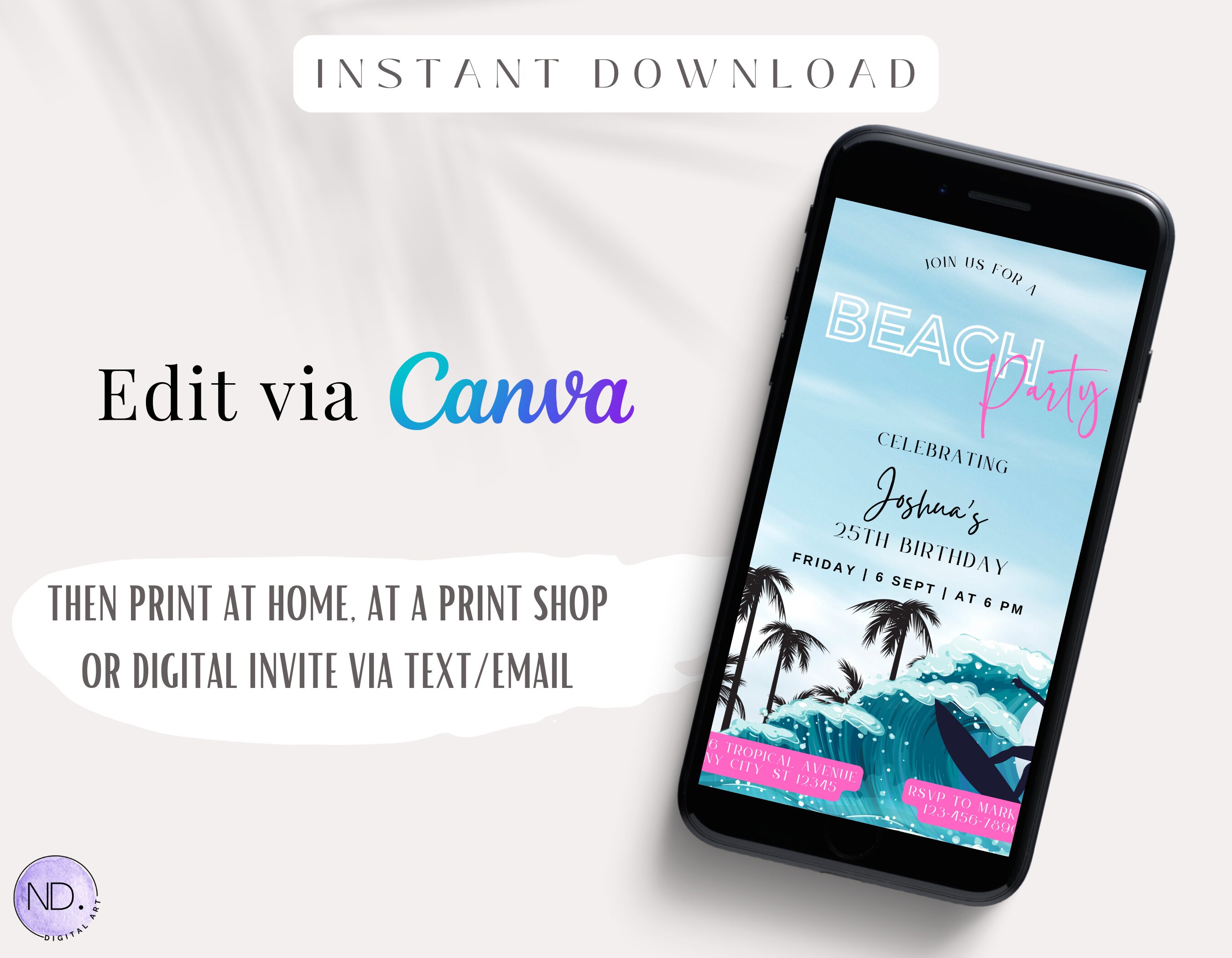 Editable Beach Party Invitation, Surfing Party Invitation, Coastal ...