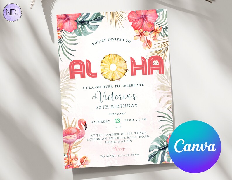 Editable Aloha Birthday Invitation, Hawaiian Birthday Invitation ...