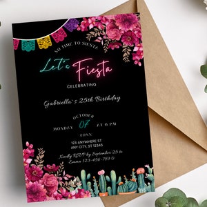 Editable Fiesta Birthday Invitation, Black and Pink Floral, Canva ...