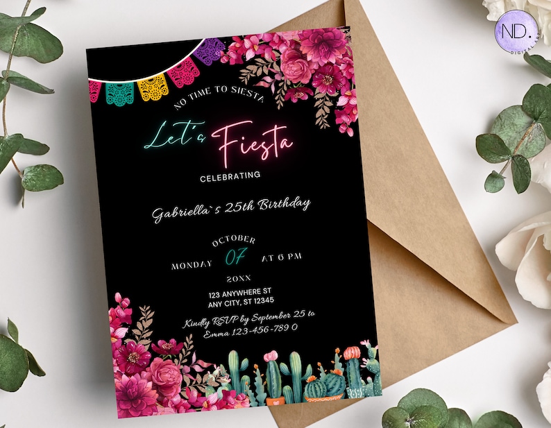 Editable Fiesta Birthday Invitation, Black and Pink Floral, Canva ...