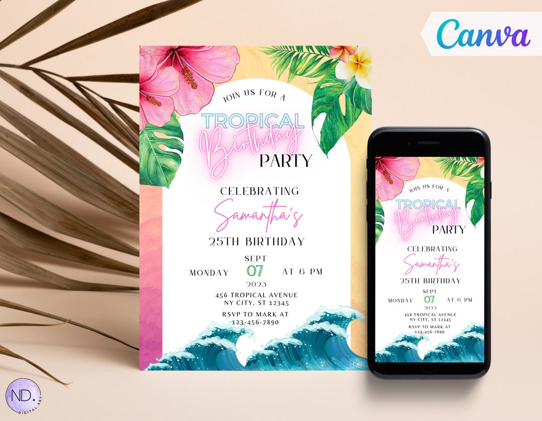 Colorful Beach Party Invitation Template, Editable Tropical Birthday ...