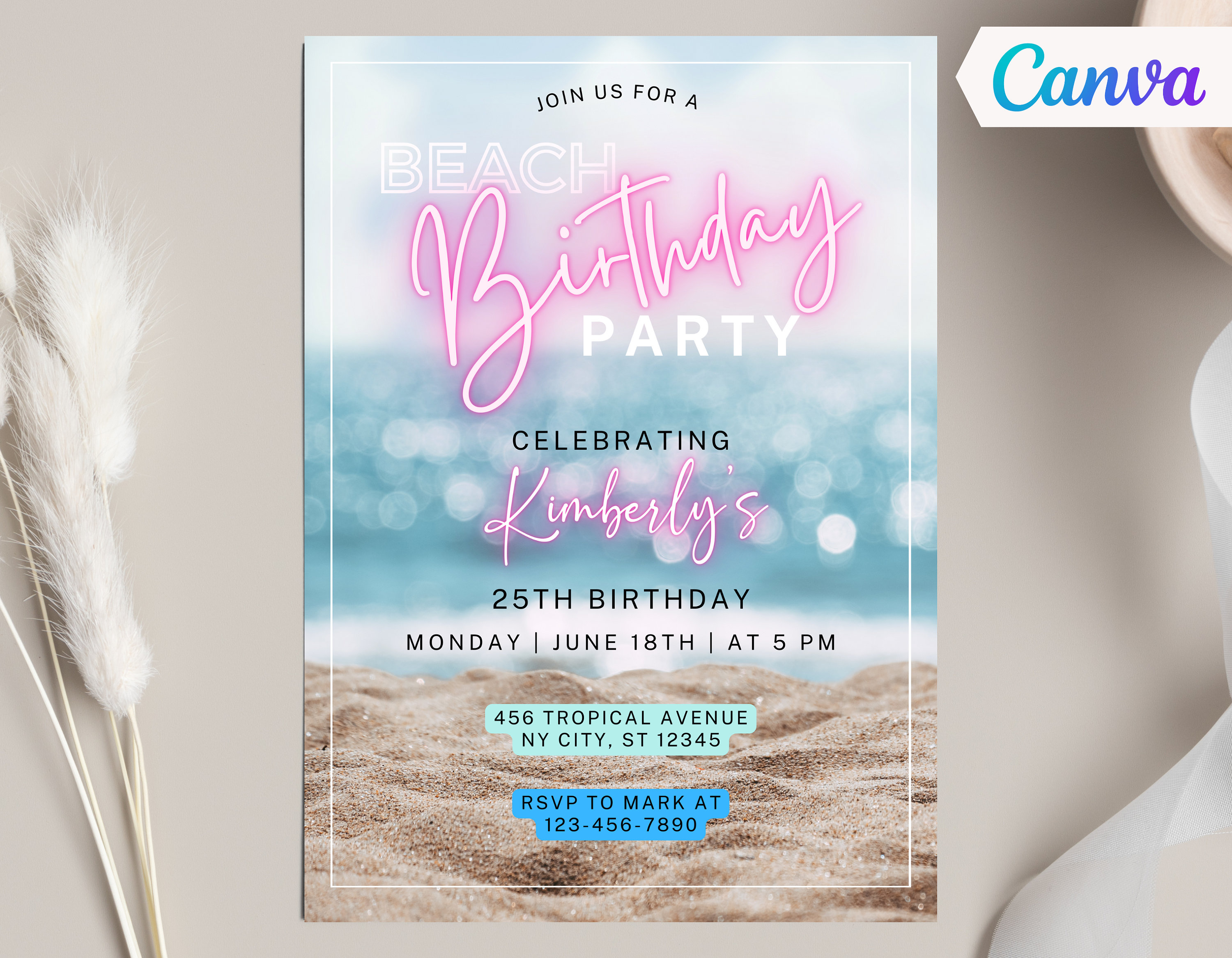 EDITABLE Beach Birthday Party Invitation, Summer Ocean Party Invite ...