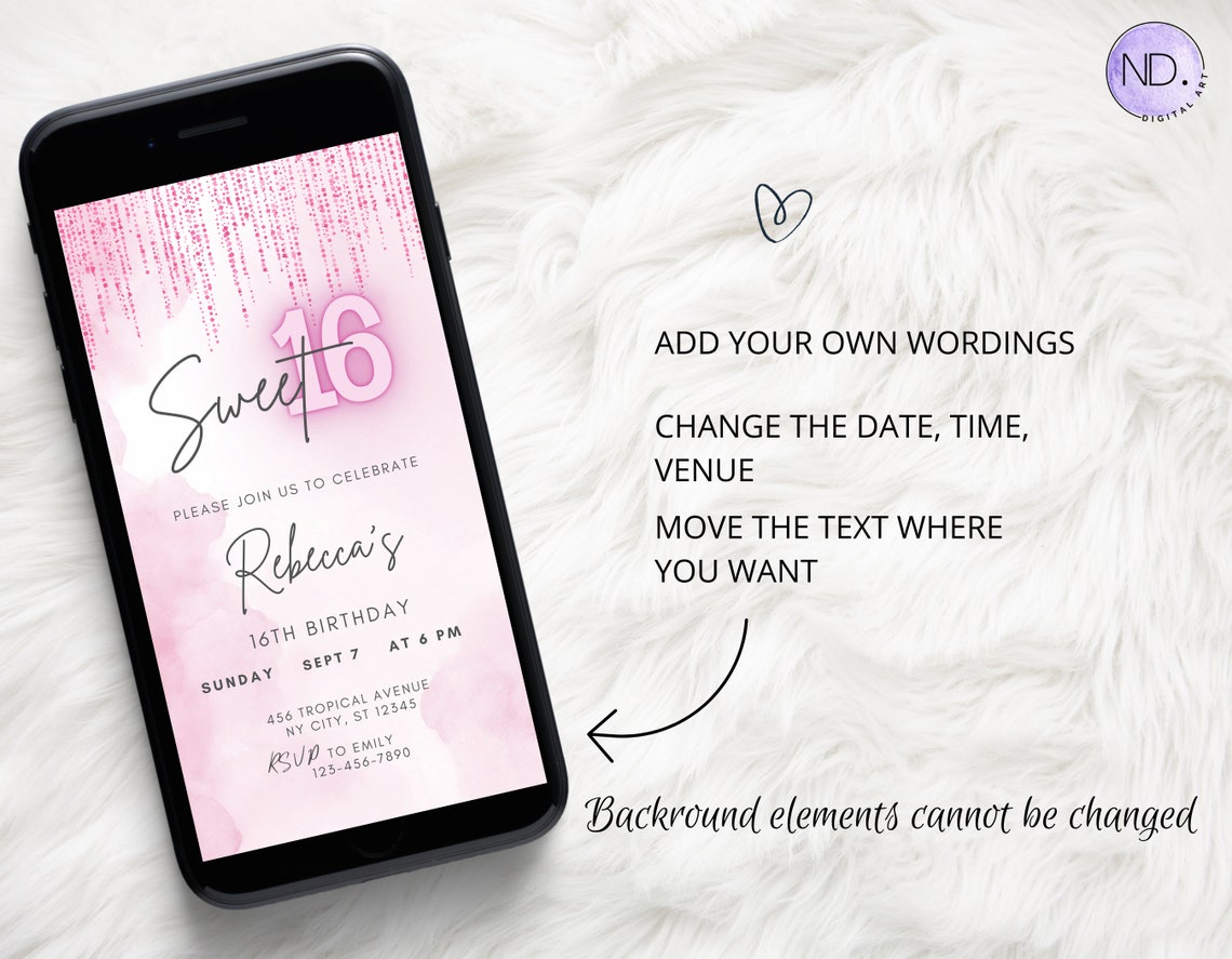 Soft Pink Sweet 16 Party Invitation Editable16th Birthday Invite ...