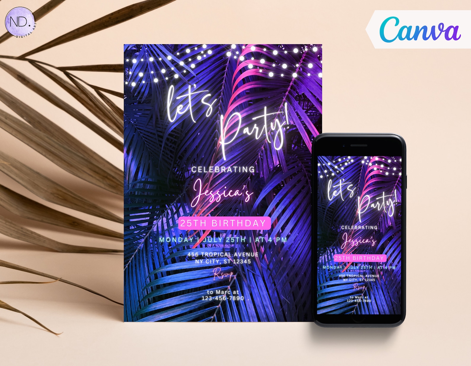 Editable Neon Birthday Invitation, Birthday Invite, Tropical Let's ...