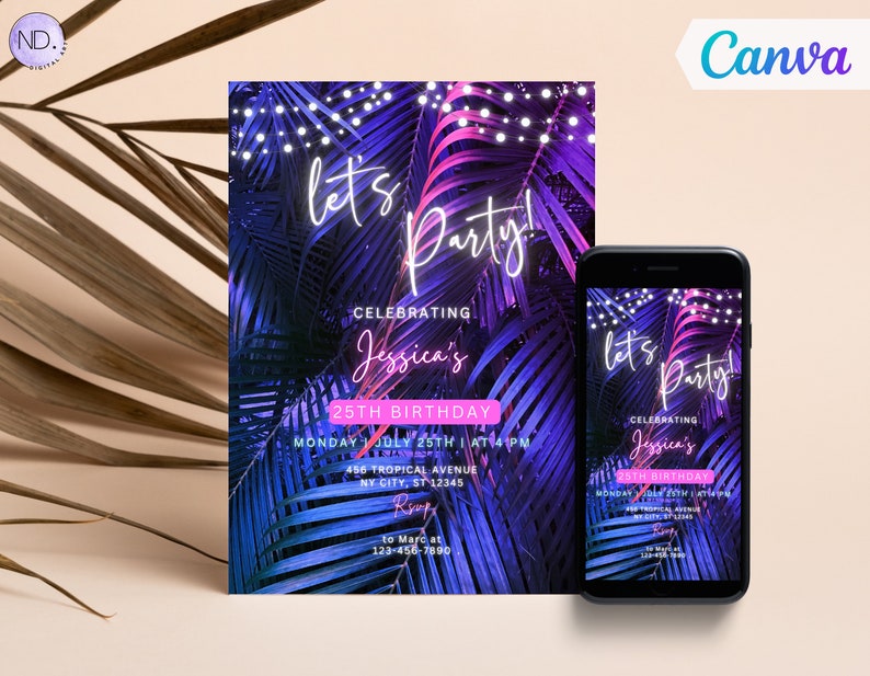 Editable Neon Birthday Invitation, Birthday Invite, Tropical Let's ...