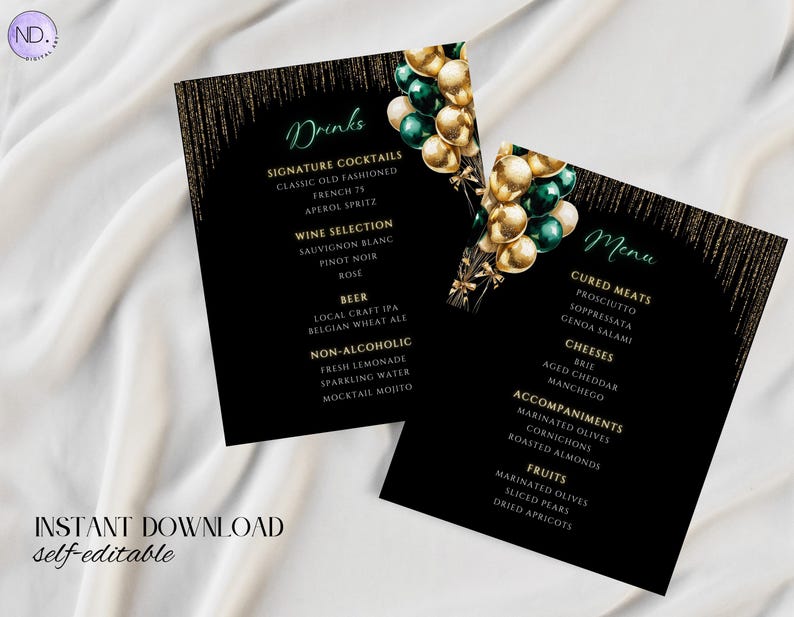Emerald Green and Gold Menu Template, Elegant Dinner Party (digital ...