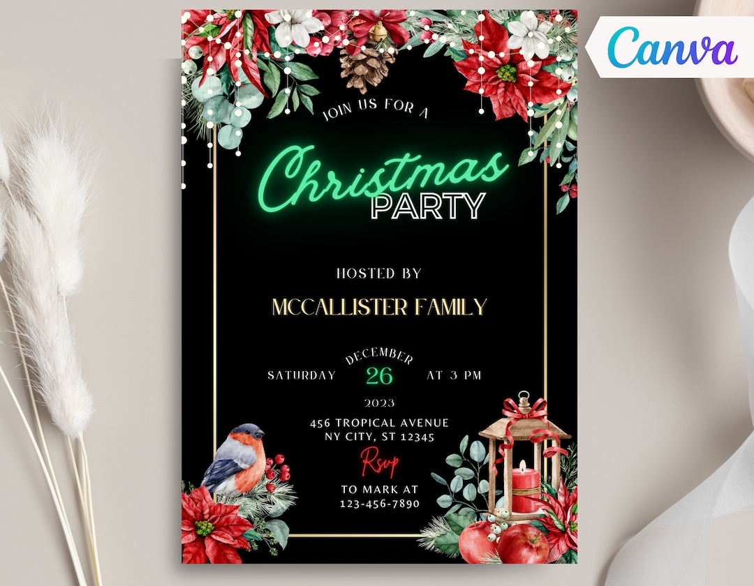 Neon Christmas Party Invitation, Editable Christmas Dinner Party Invite ...