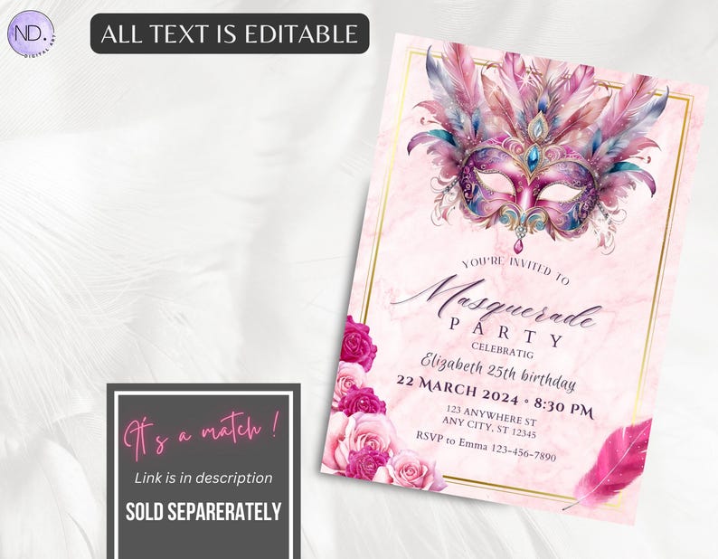 Editable Masquerade Ticket Template, Pink Masquerade Evening Soiree ...