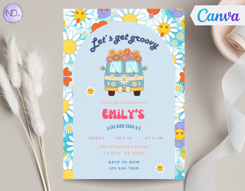 Editable Retro Groovy Invitation, Hippie Birthday Party Invite, Any Age ...