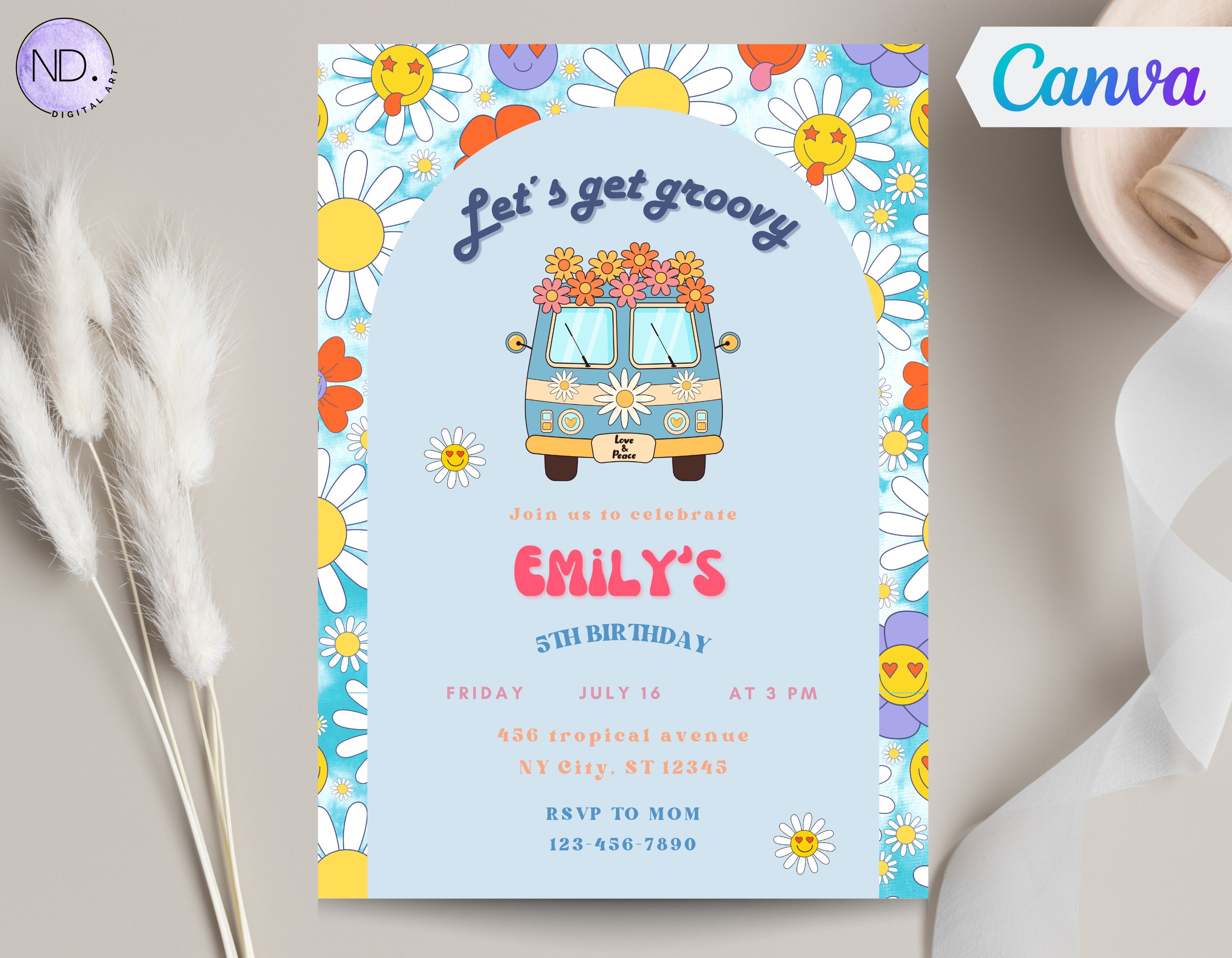 Editable Retro Groovy Invitation, Hippie Birthday Party Invite, Any Age ...