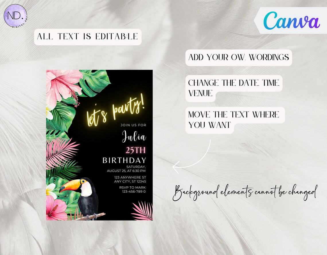 Editable Tropical Birthday Invitation Tropical Party Havana Hawaii ...