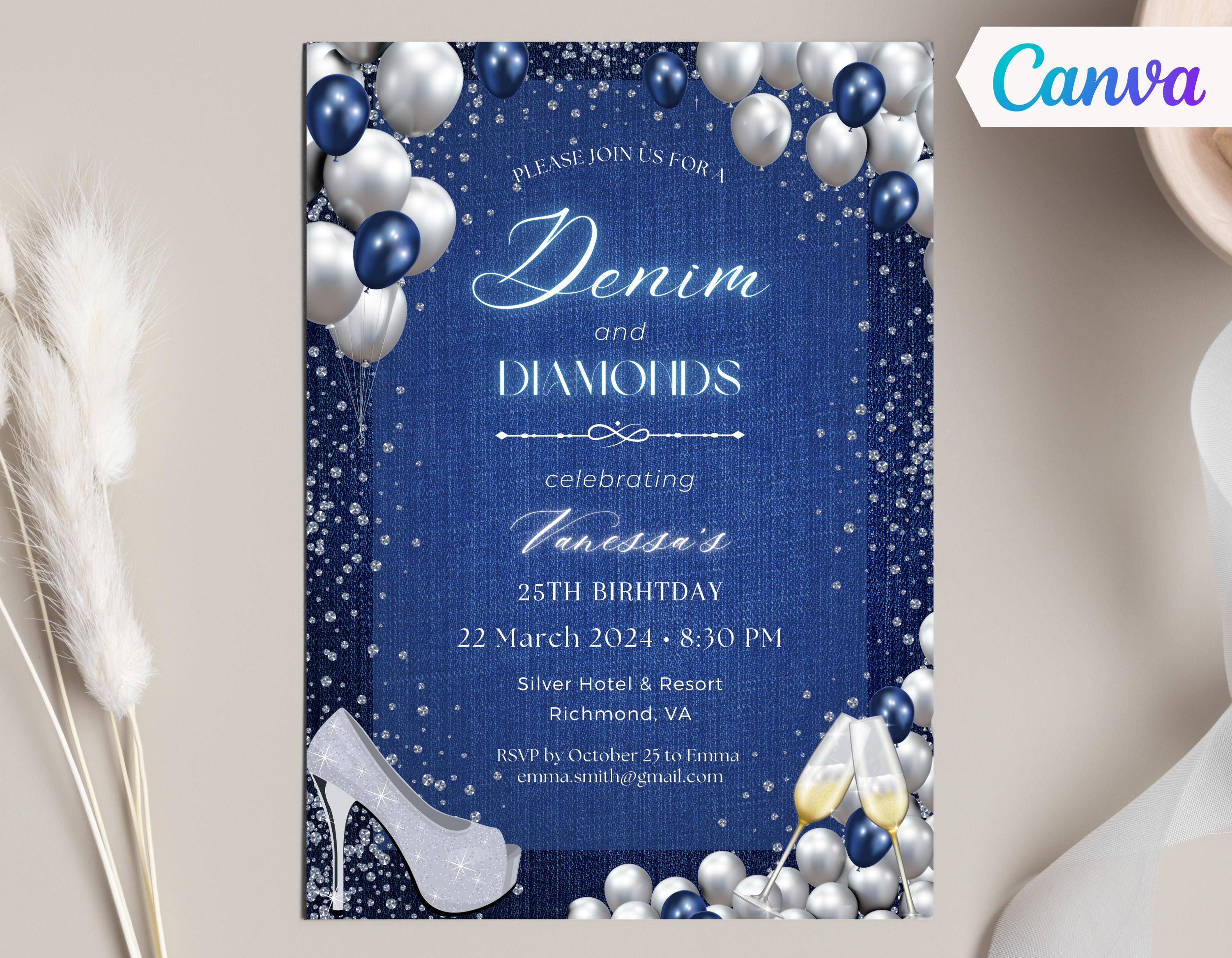 Editable Denim and Diamonds Invitation, Champagne and Diamonds Birthday ...