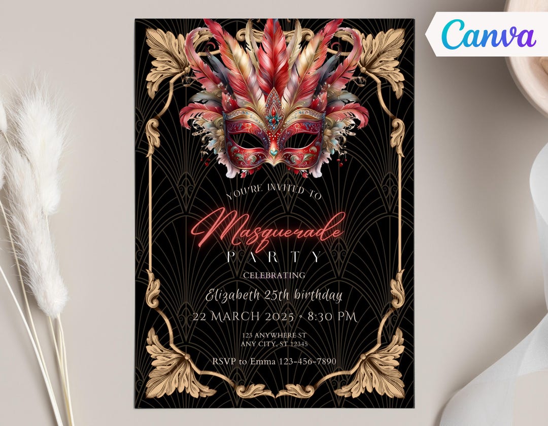 Editable Masquerade Party Invitation, Bordeaux Masquerade Birthday ...