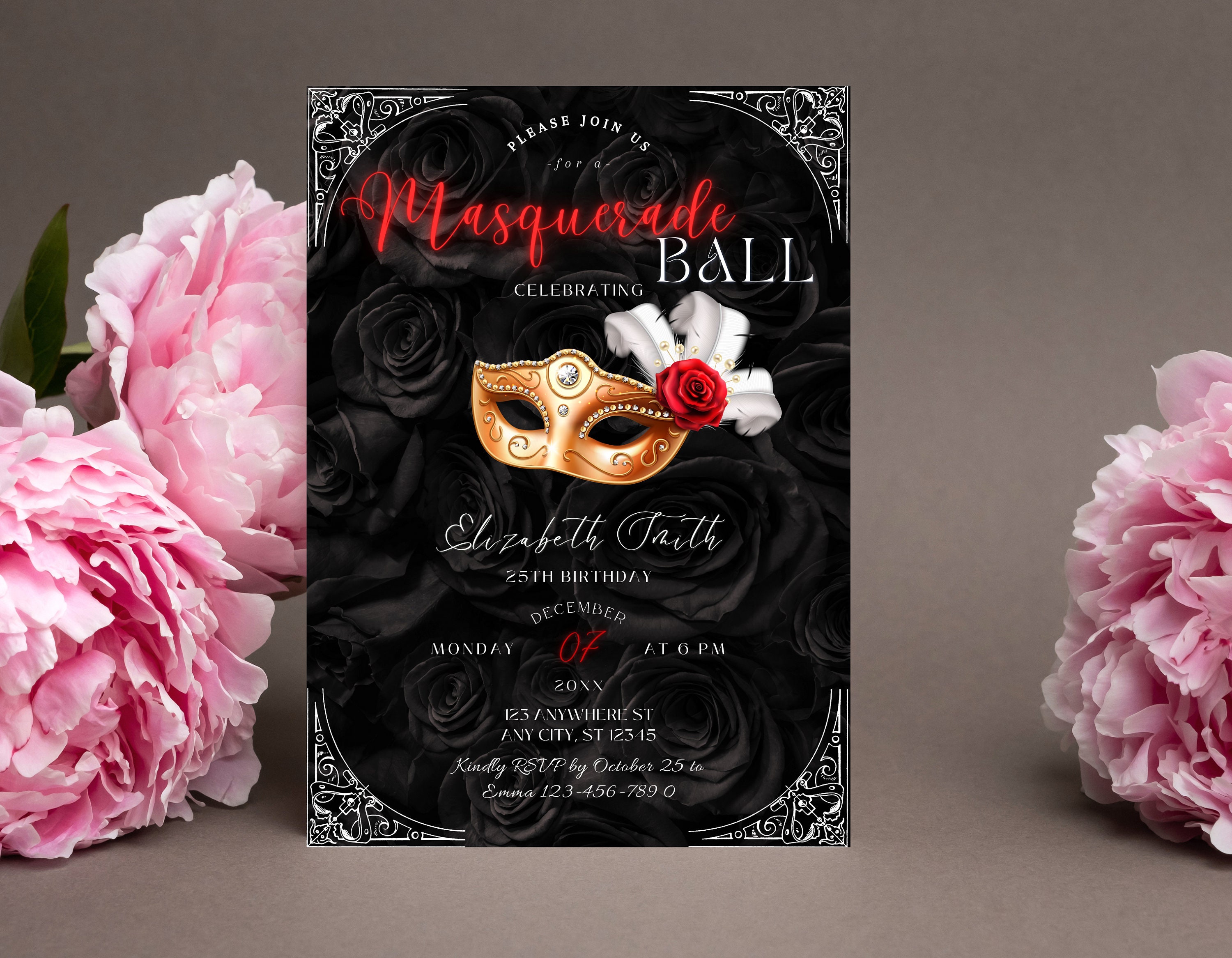 Editable Masquerade Ball Invitation, Printable Black and Red Roses ...