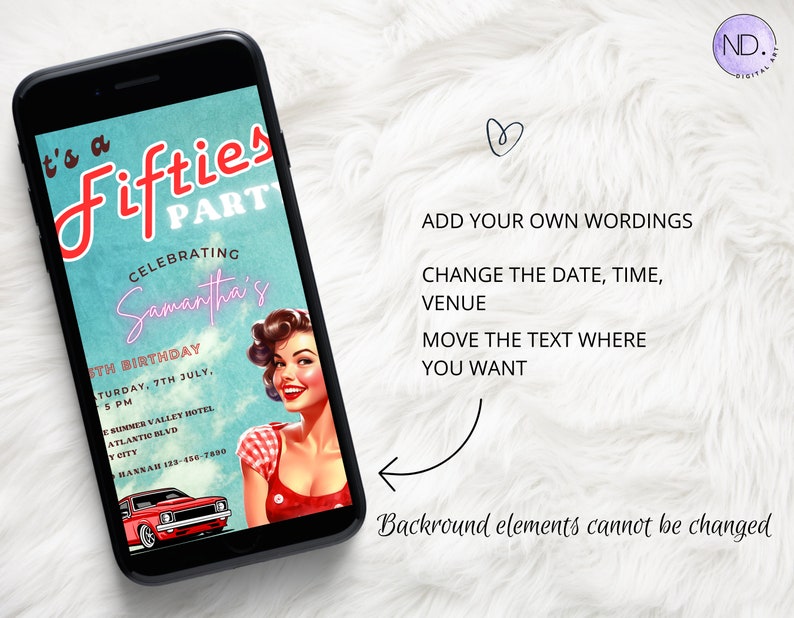 Editable Fifties Birthday Party Invitation, Pin up Style Party Invite, Retro 50s Birthday ...