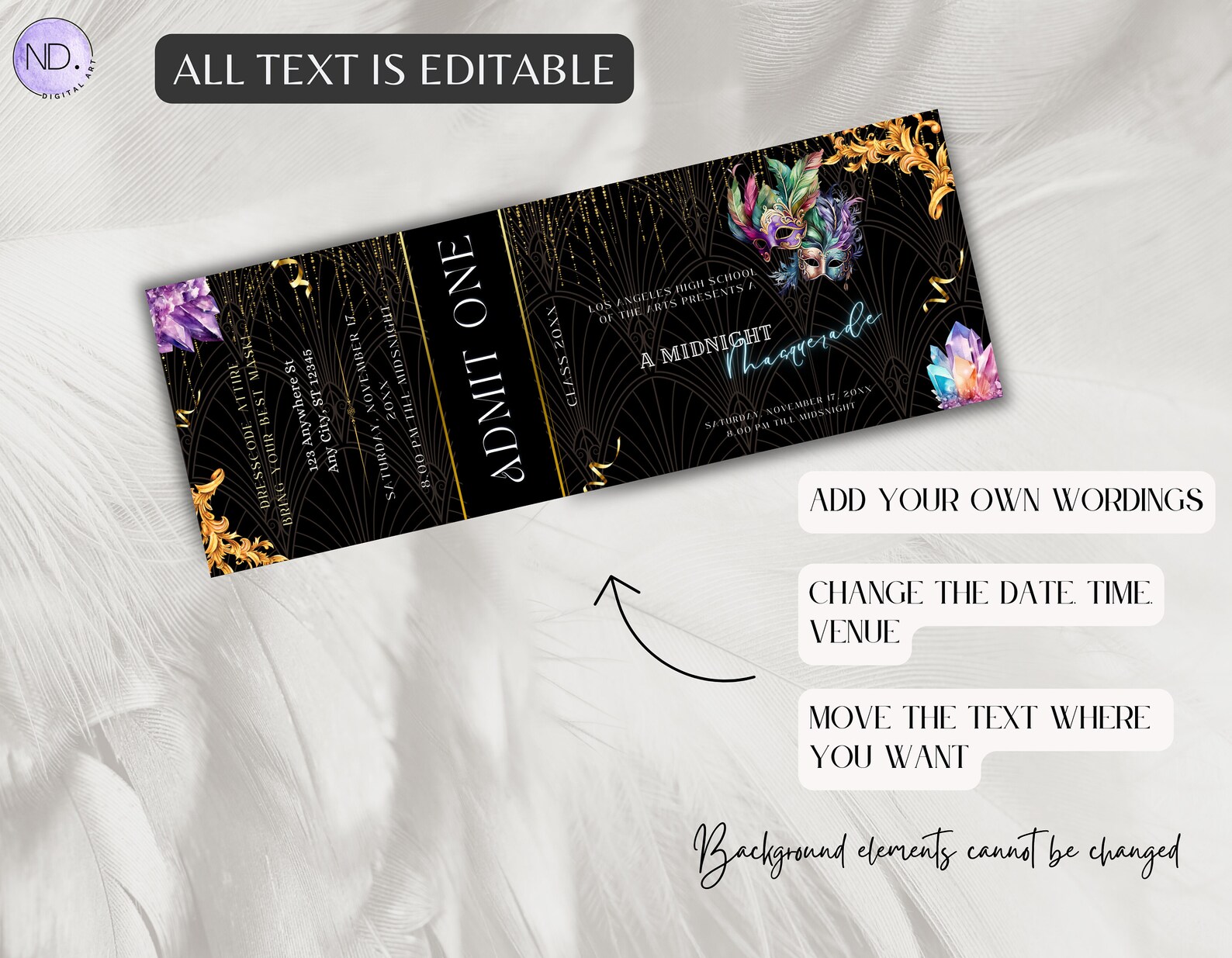 Editable Masquerade Ticket Template, Gold Gemstones (digital Download ...