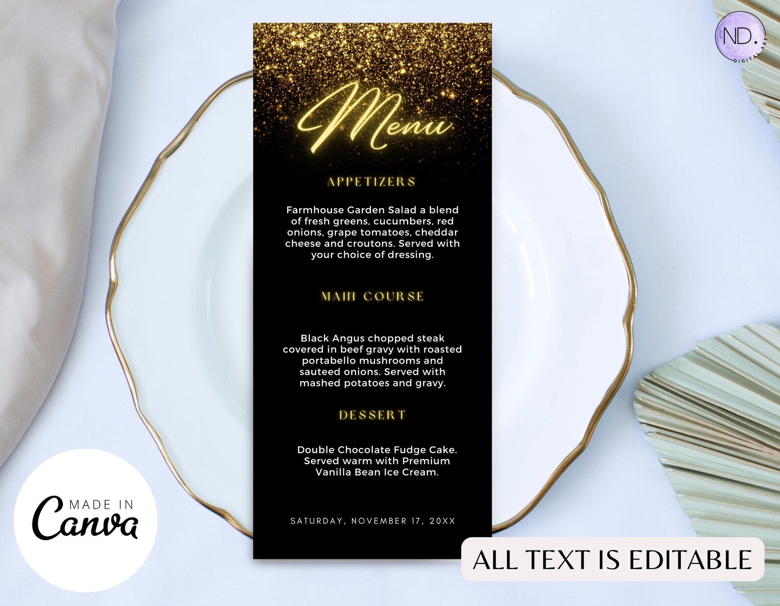 Editable Gold Menu Card Template, Gold Glitter Menu Cards, Party Dinner ...