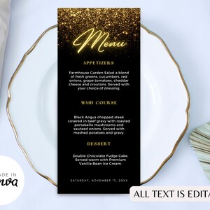 Editable Gold Menu Card Template, Gold Glitter Menu Cards, Party Dinner ...